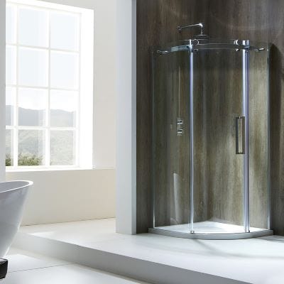 Aquaglass Frameless Curved Offset Quadrant Shower Enclosure w/ Cut-Out ...